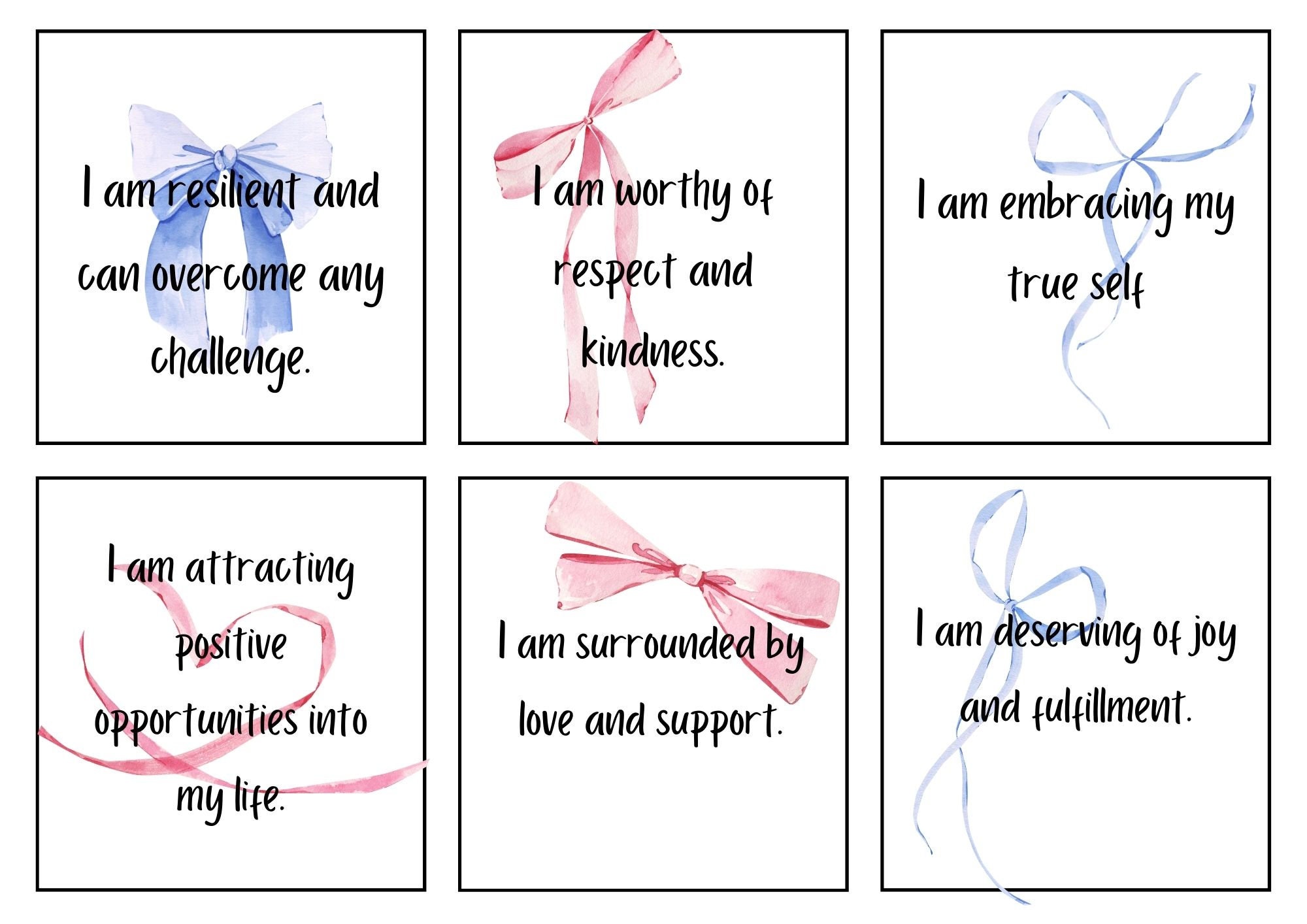 Cute Pink Bows Affirmation Cards, 48 'I AM' Affirmation Cards ...
