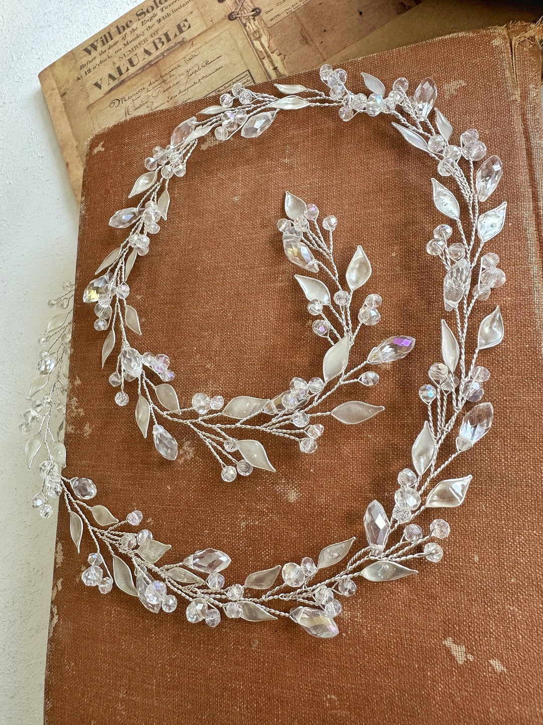 IVY | Ivy Long Pearl Headband, Minimal Headpiece, Braid Headband, Leaf ...