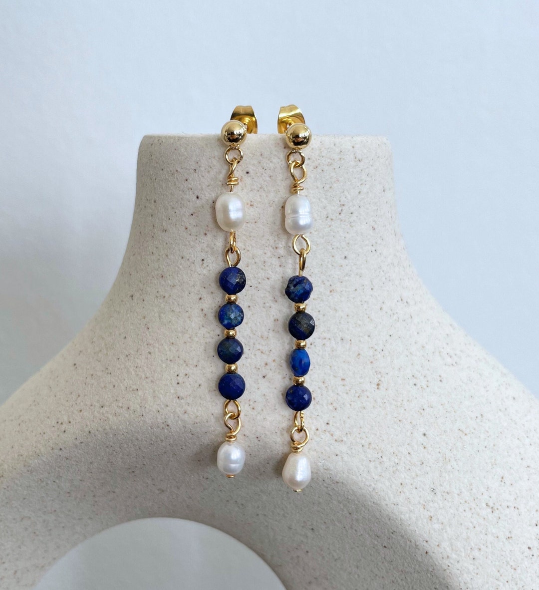 Minimalist Genuine Blue Lapis Lazuli Drop Stud Earrings - Dainty ...