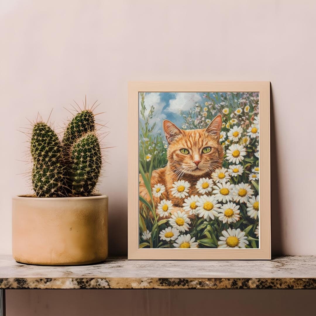 Orange Cat in the Daisies Print, Orange Cat Poster Print, Orange Cat ...
