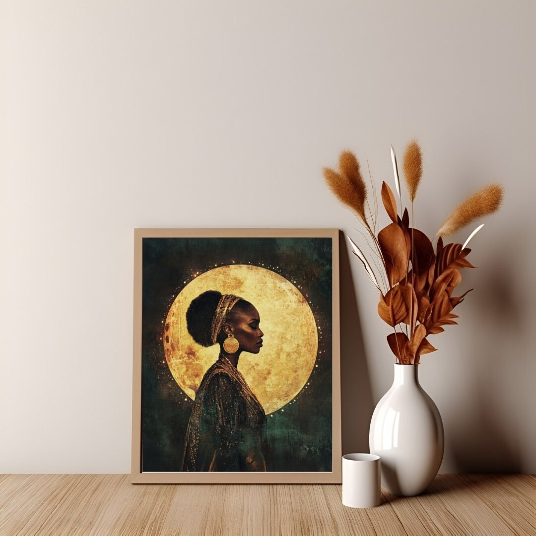 African Moon Goddess Print, African Woman Cosmic Moon, Black Woman in ...
