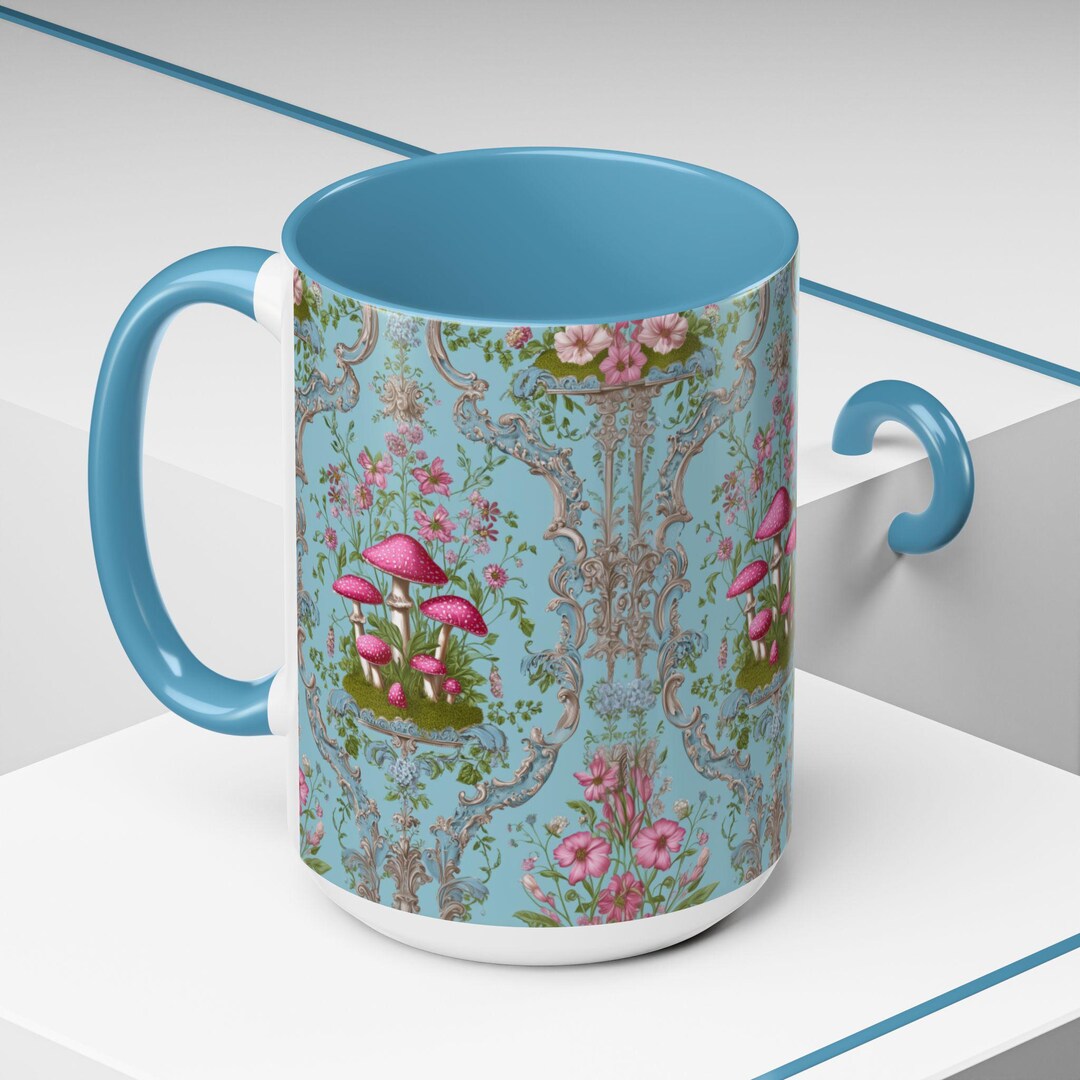 Blue Rococo Mushroom Mug, Cottagecore Styled Coffee Cup, Whimsical ...