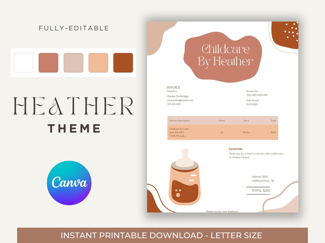 Plantilla de factura de cuidado infantil Tema Heather - Etsy España