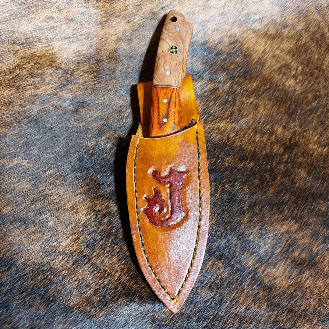 Demascus Knife With Guthook and Custom LHD Leather Sheath With Letter J ...