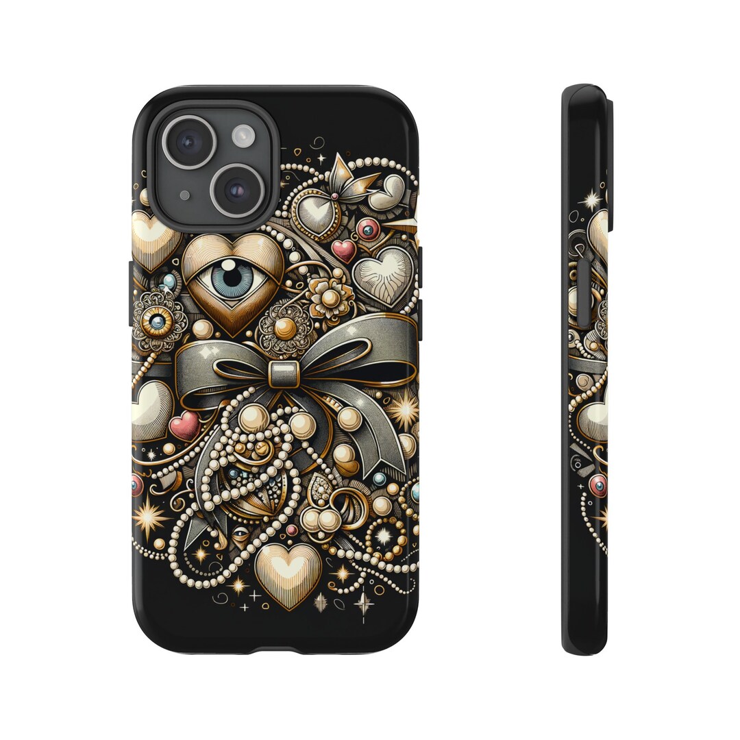Intricate Hearts, Bows & Eyes With Pearls, Stars, Gold-jewelry Phone ...