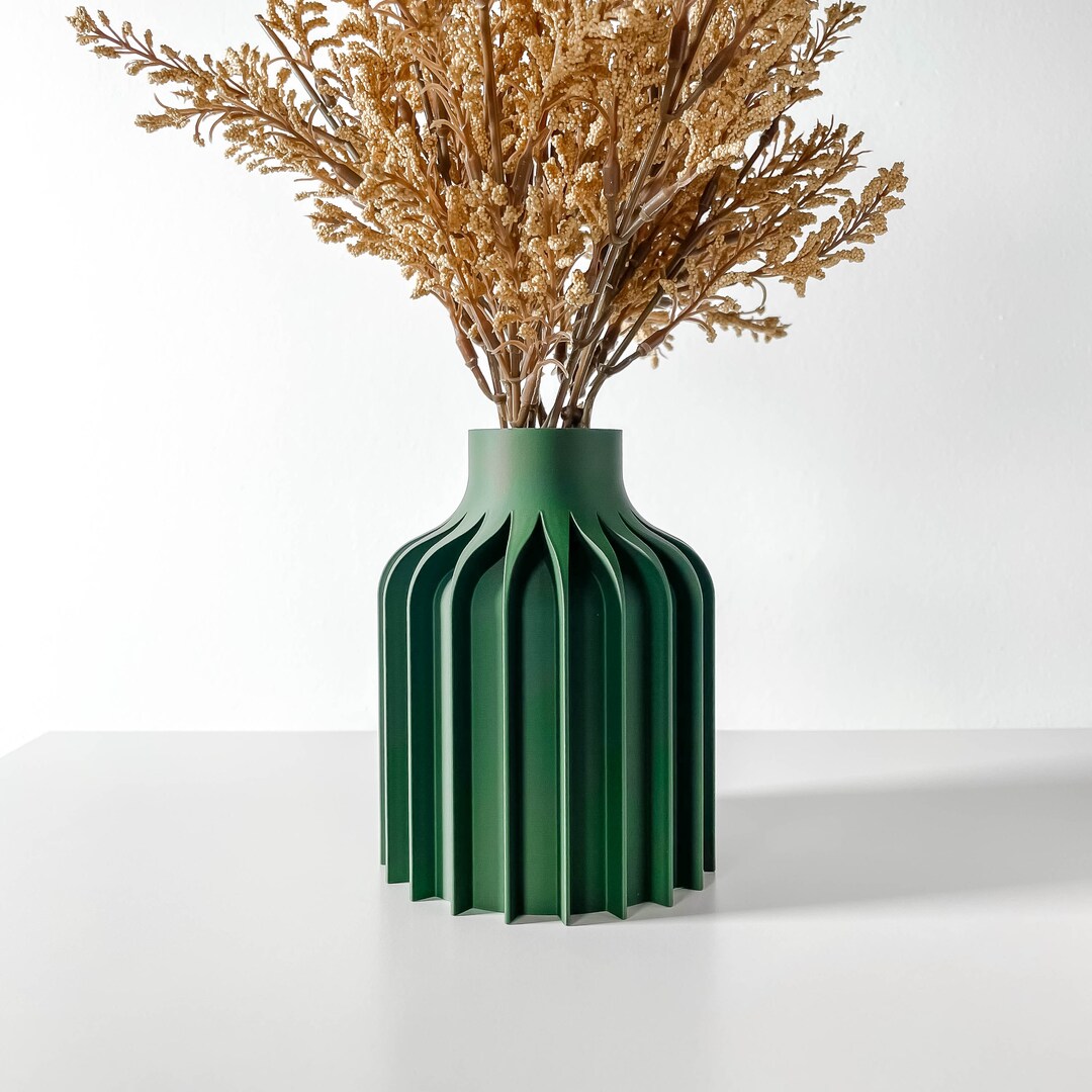 Modern Pleated Green Vase - Unique Sculptural Dry Floral Vase for Home ...
