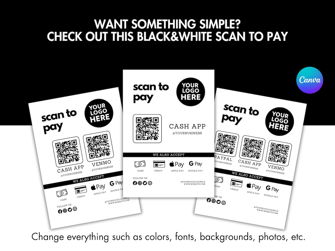 Editable Scan to Pay Sign Template Scan Editable QR Code Sign Printable ...