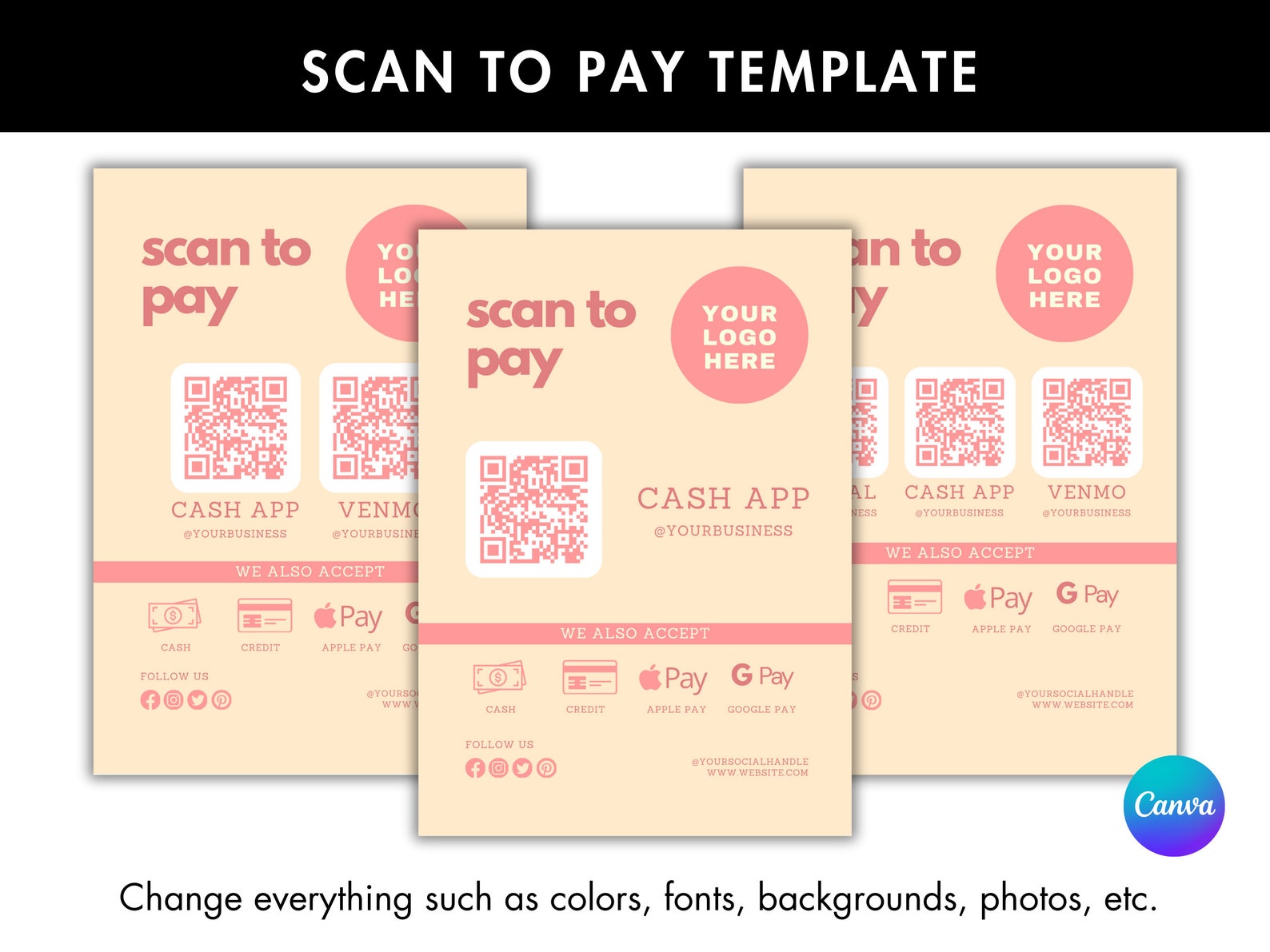 Editable Scan to Pay Sign Template Scan Editable QR Code Sign Printable ...