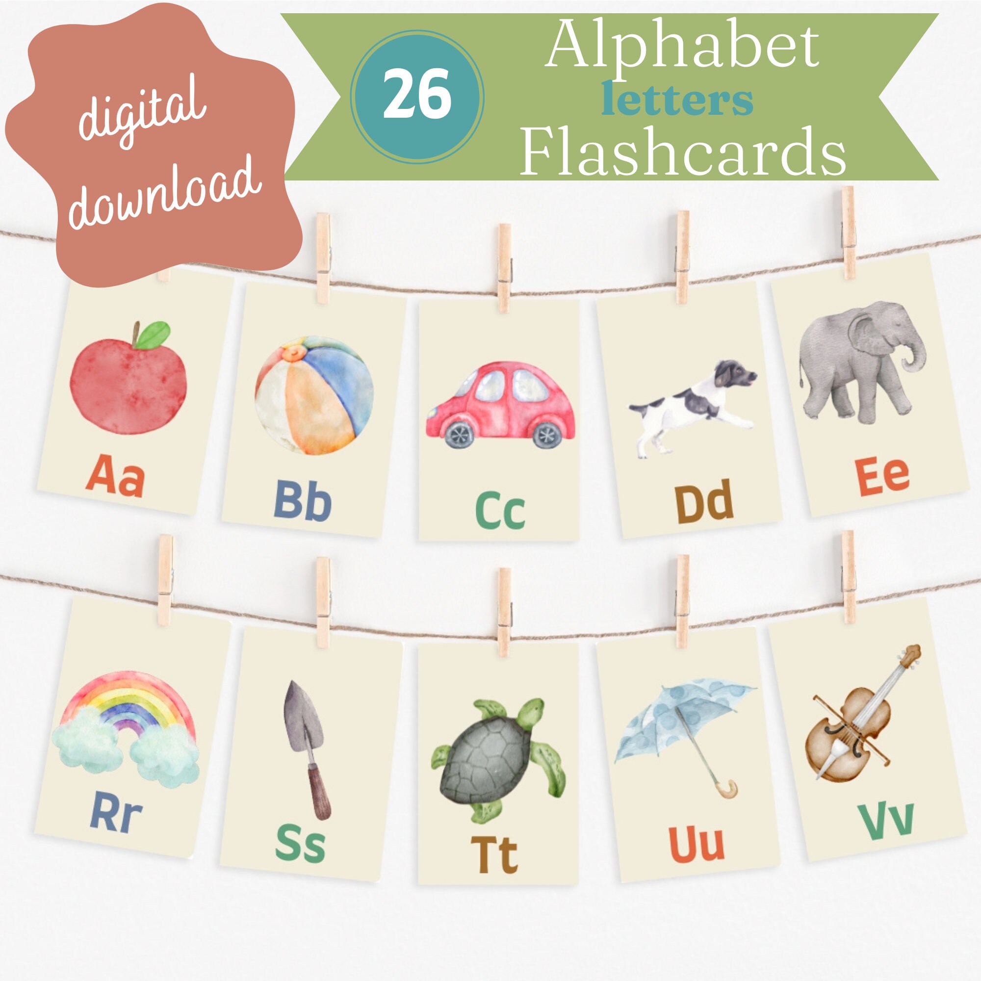 Alphabet Flashcards, Watercolor Alphabet Flashcard, ABC Flashcards ...