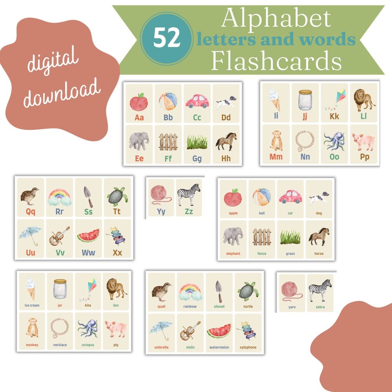 Alphabet Flashcards, Watercolor Alphabet Flashcard, ABC Flashcards ...