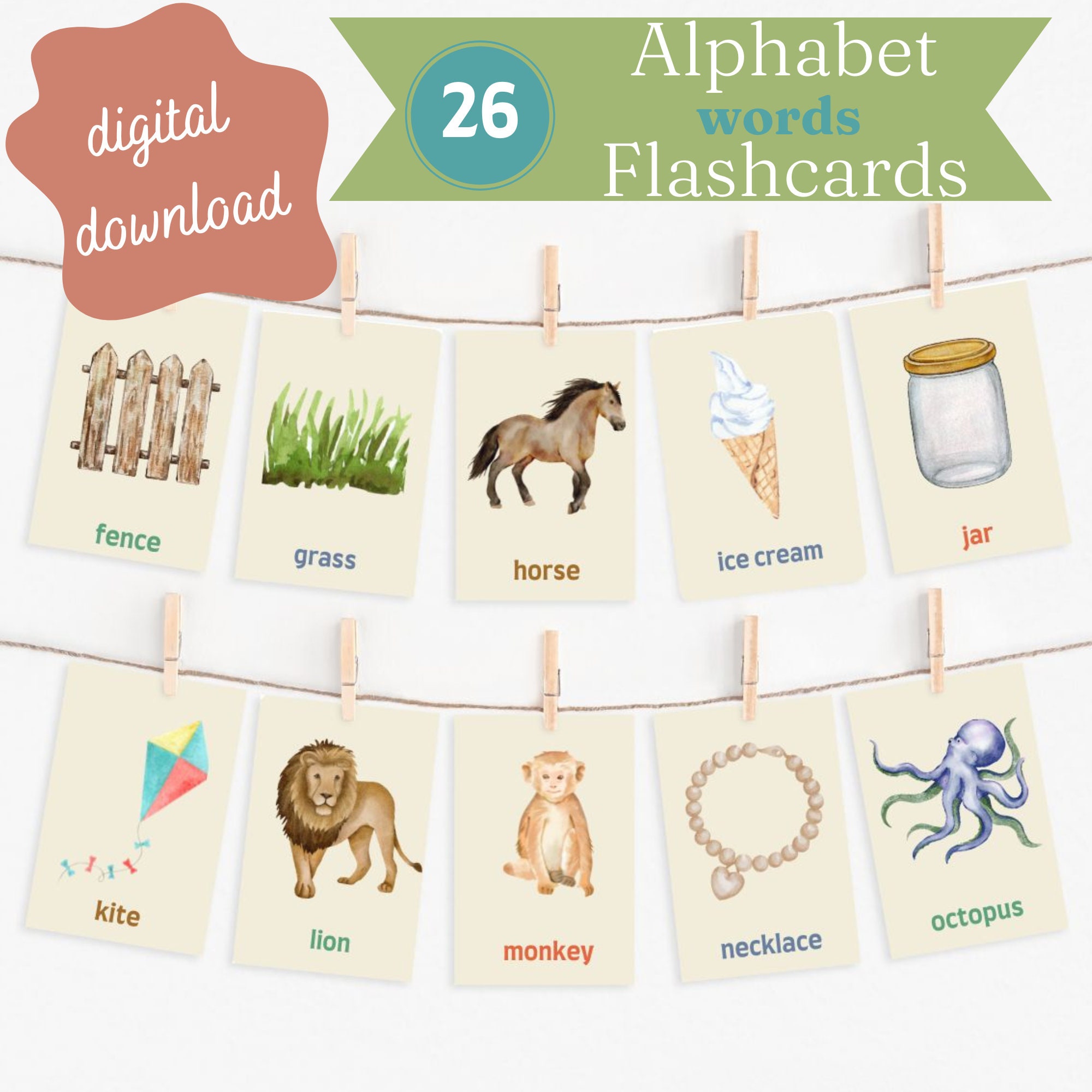 Alphabet Flashcards, Watercolor Alphabet Flashcard, ABC Flashcards ...