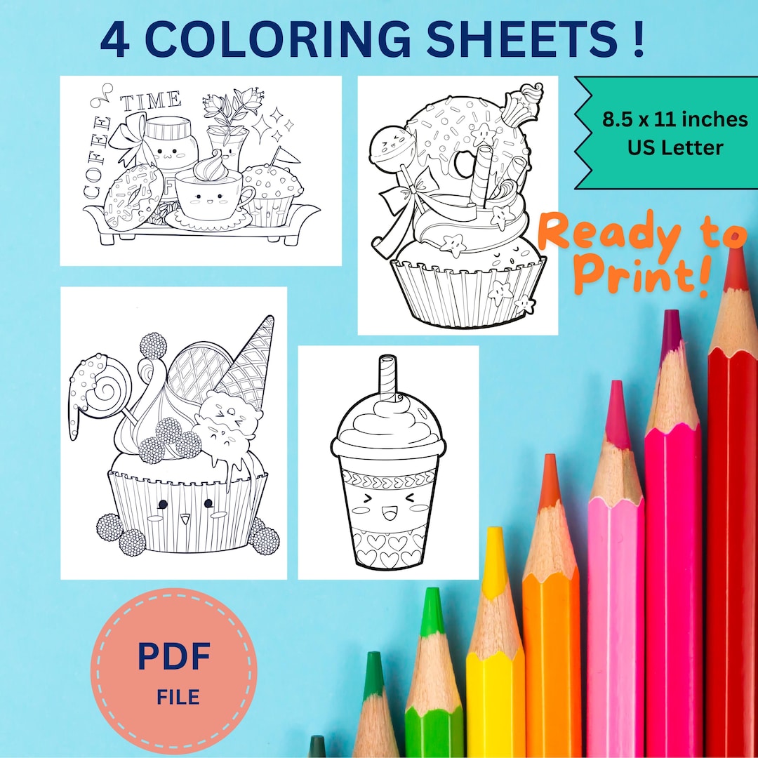 Kawaii Dessert Coloring Pages Set – 4 Printable Cute Cupcakes, Ice ...