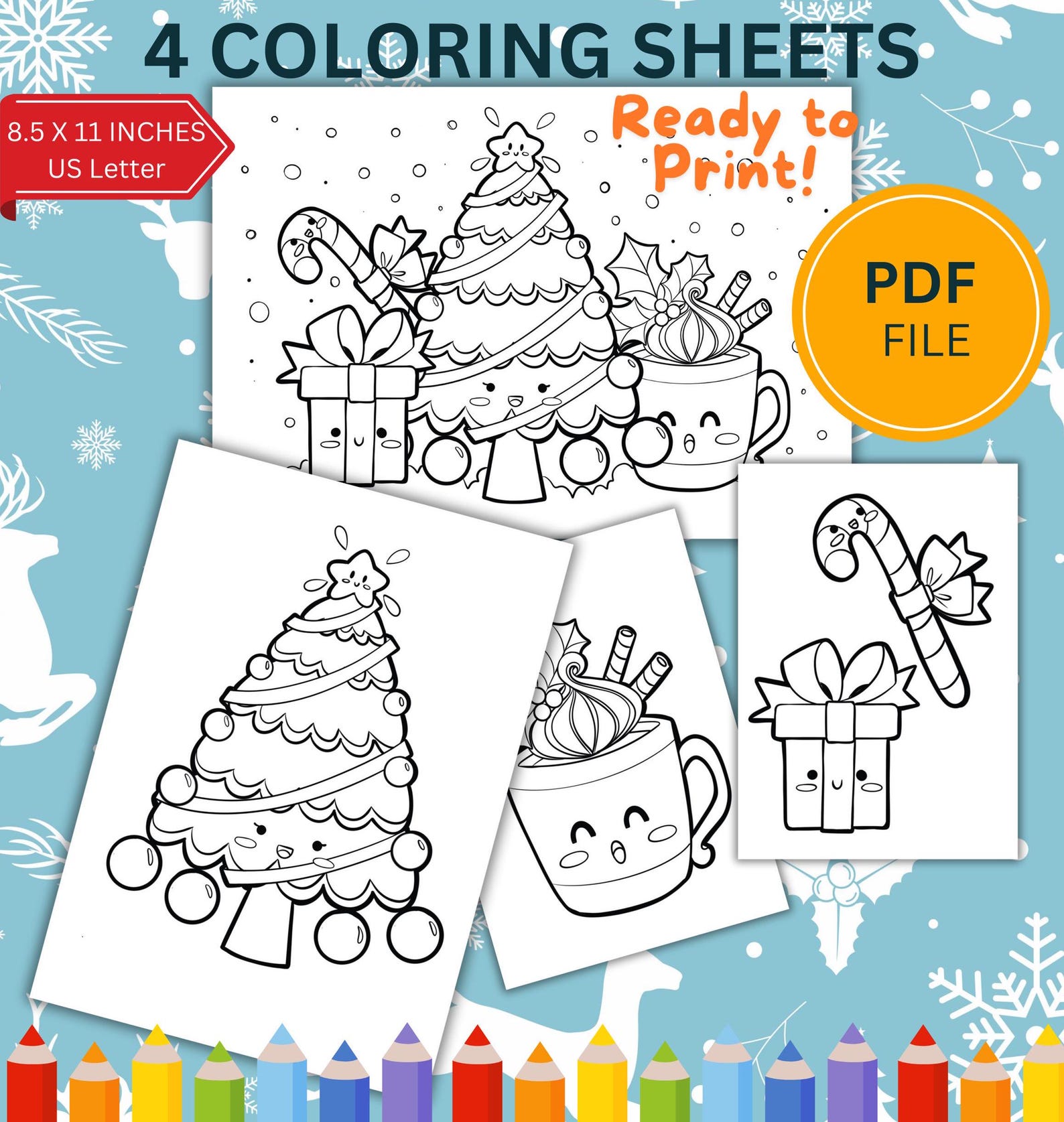 4 Printable Holiday Illustrations With Cute Tree, Mug, Gifts, and Candy ...