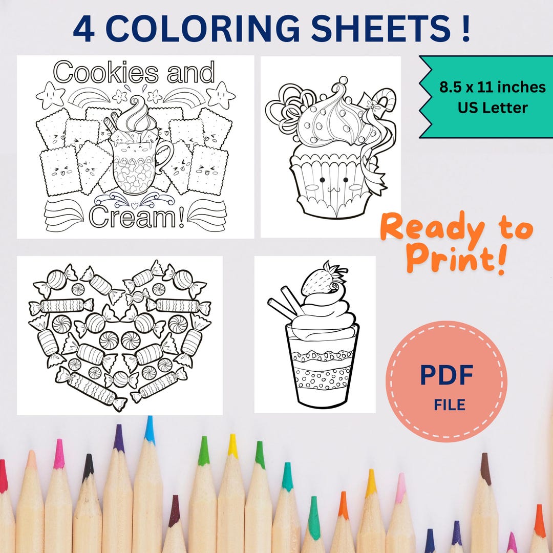 Kawaii Dessert Coloring Pages Set – 4 Printable Cute Cupcakes, Ice ...