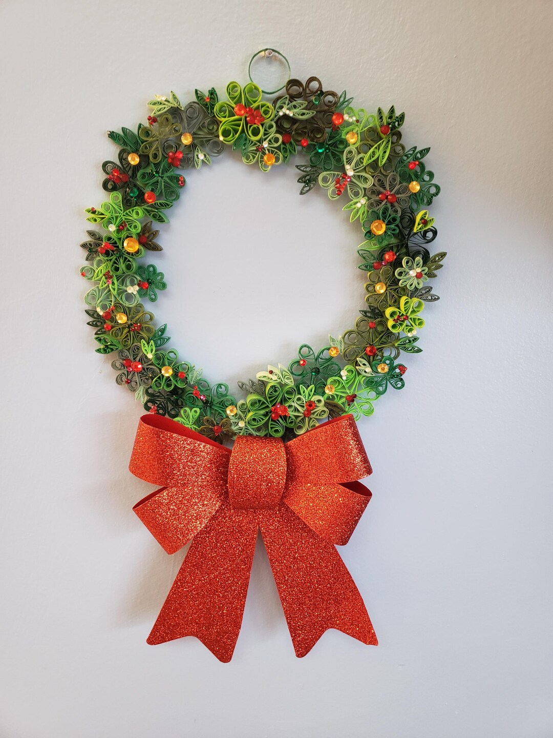 Paper Quilled Holiday "holly" Wreath With Crystal Embellishments - Etsy