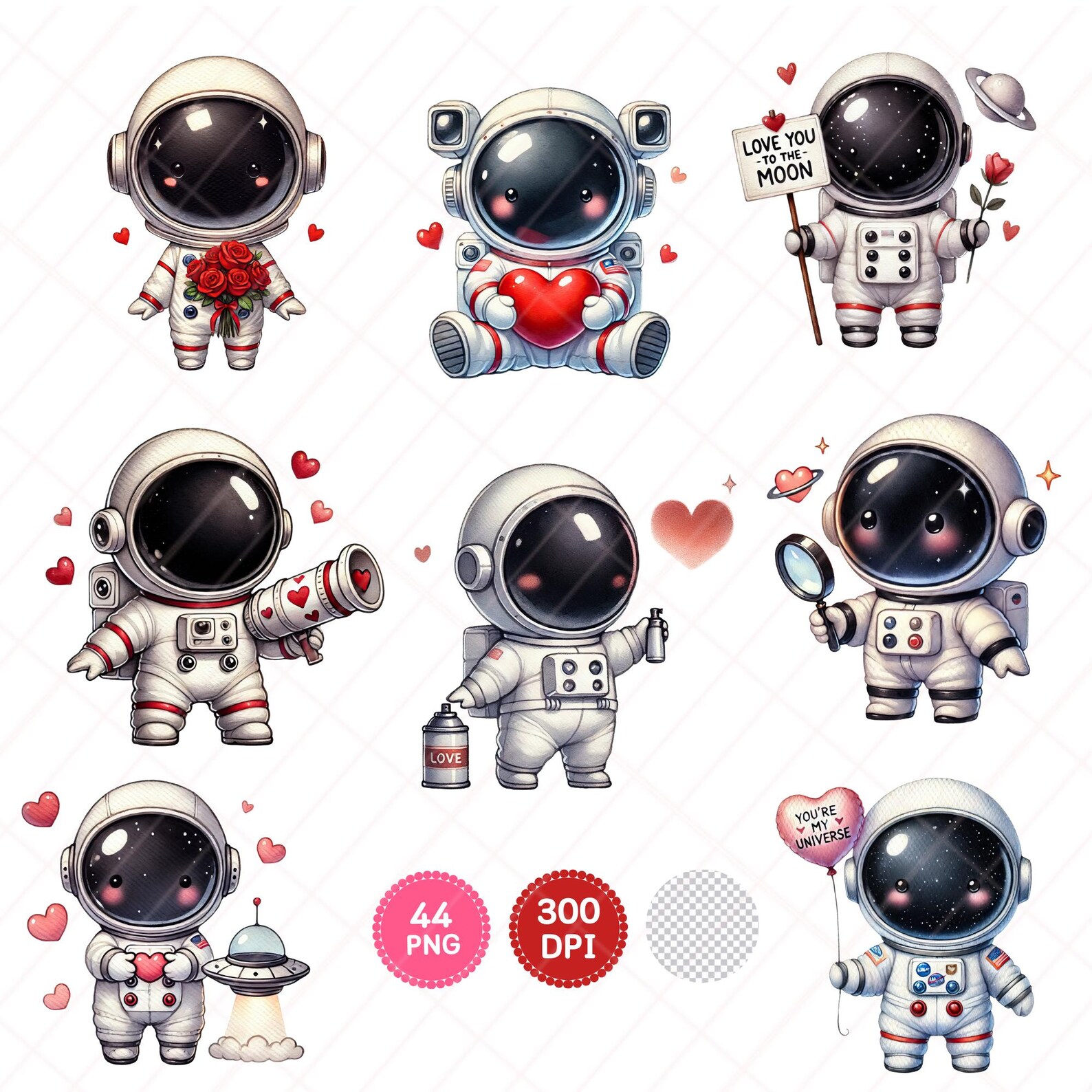 Cute Valentine's Day Astronaut Clipart Set, Space Love Digital Stickers ...