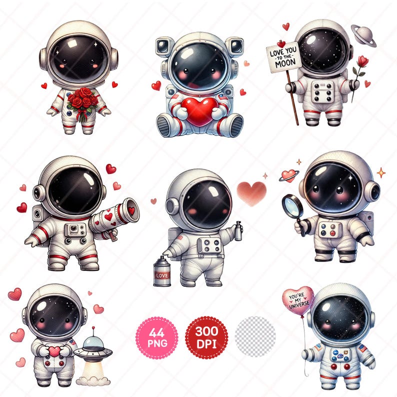 Cute Valentine's Day Astronaut Clipart Set, Space Love Digital Stickers ...