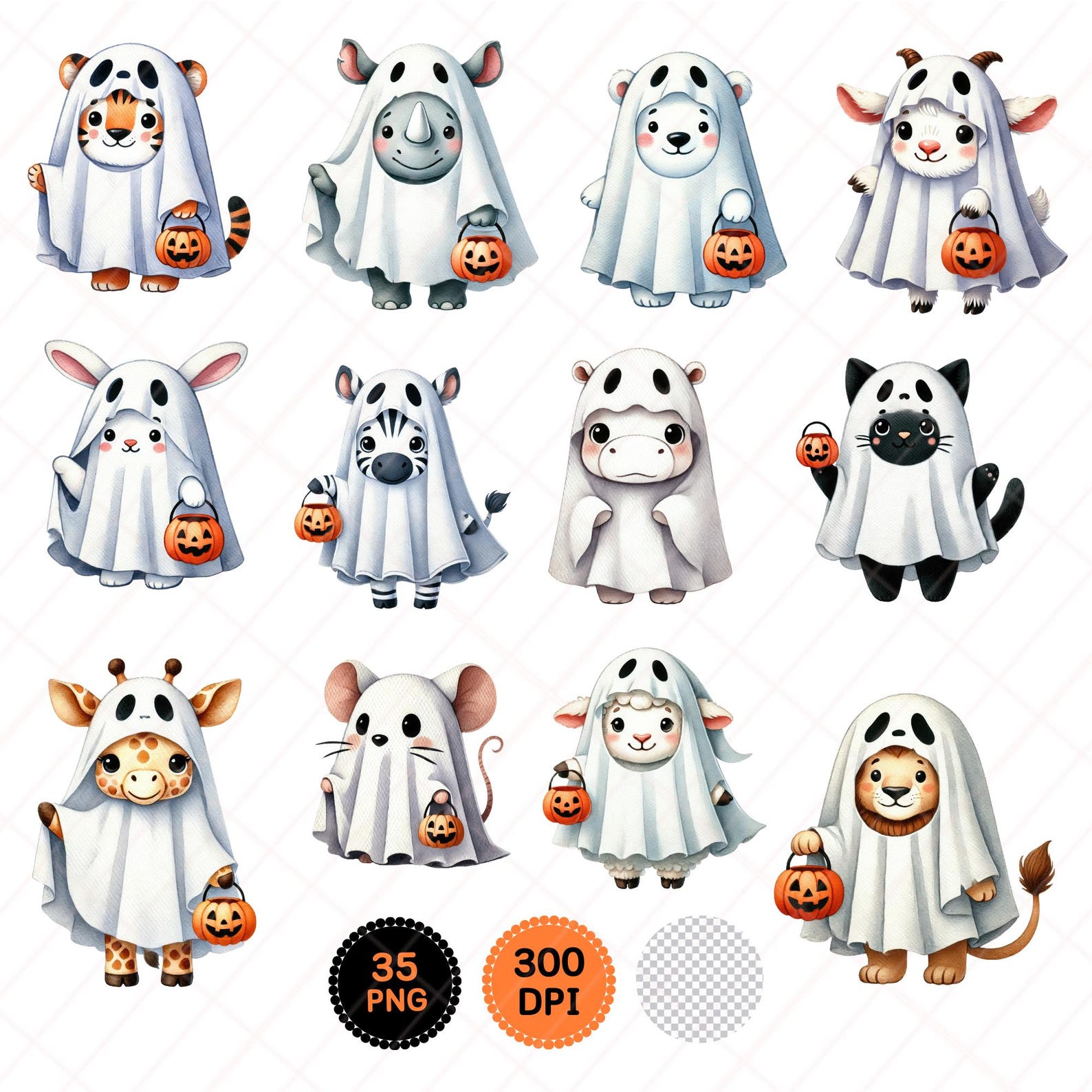 Adorable Animals in Ghost Costumes With Pumpkins Halloween Design, Cute ...