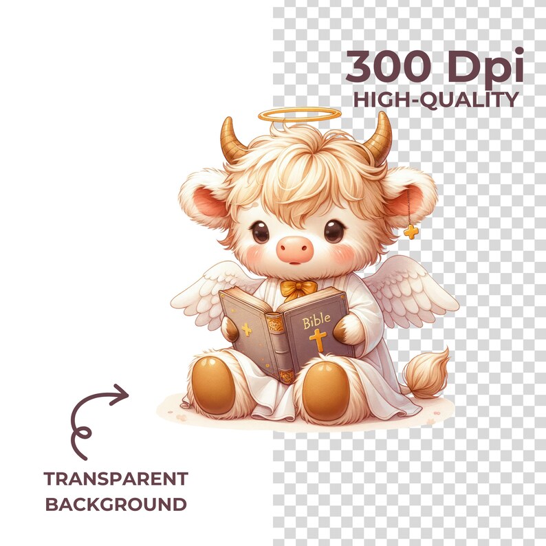 Cute Highland Angel Cow Clipart, Adorable Heifer in Heaven, Digital for ...
