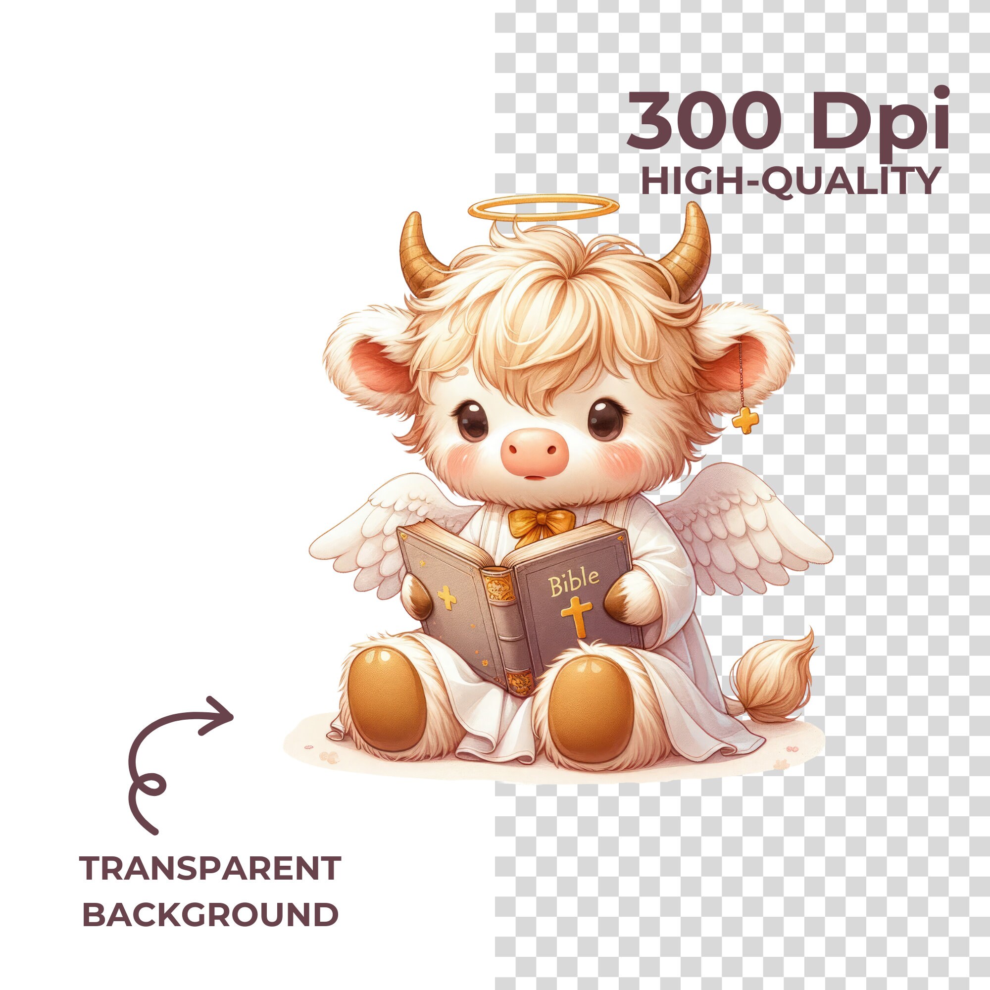 Cute Highland Angel Cow Clipart, Adorable Heifer in Heaven, Digital for ...