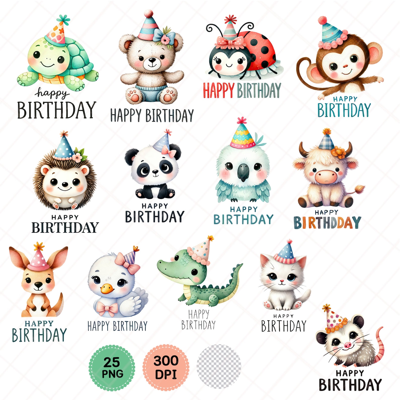 Birthday Animals Clipart Party Watercolor Kawaii PNG Celebration ...