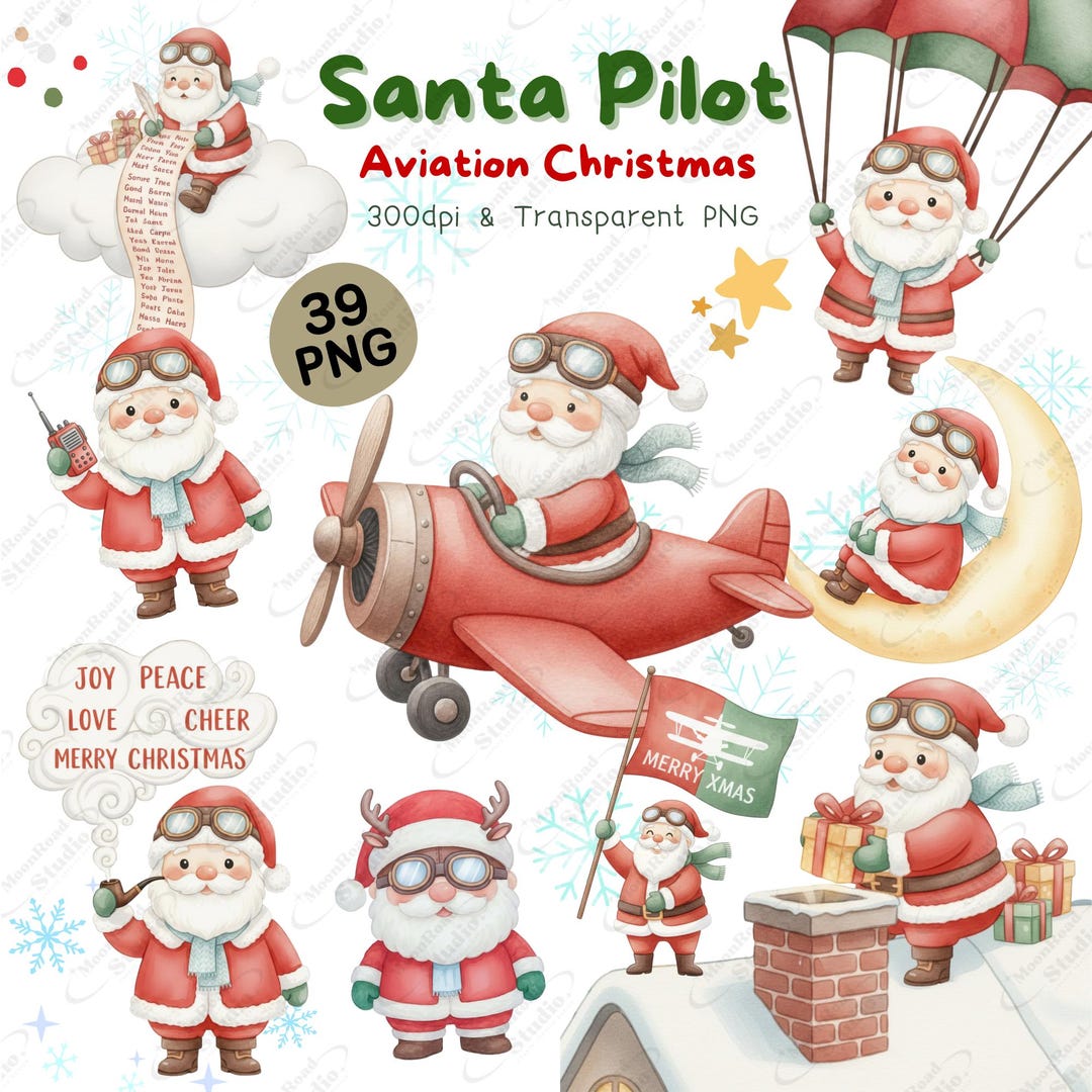 Watercolor Santa Pilot Clipart PNG Bundle, Aviation Christmas Graphics ...