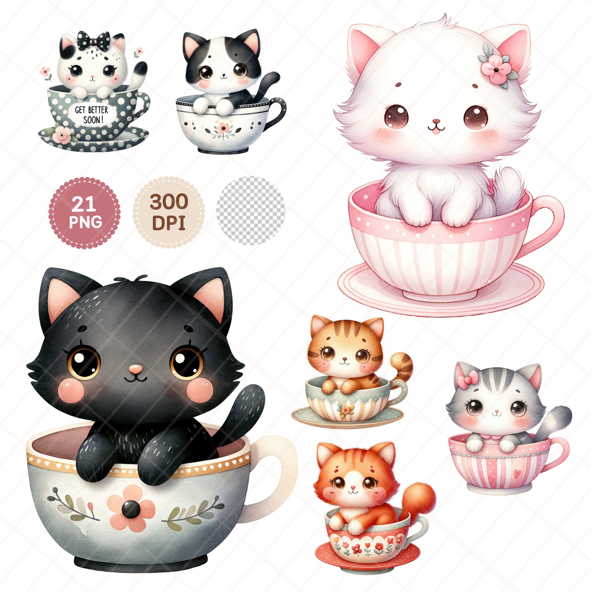 Kitten in Teacup Set Clipart PNG, Adorable Cat Illustration, Cute ...