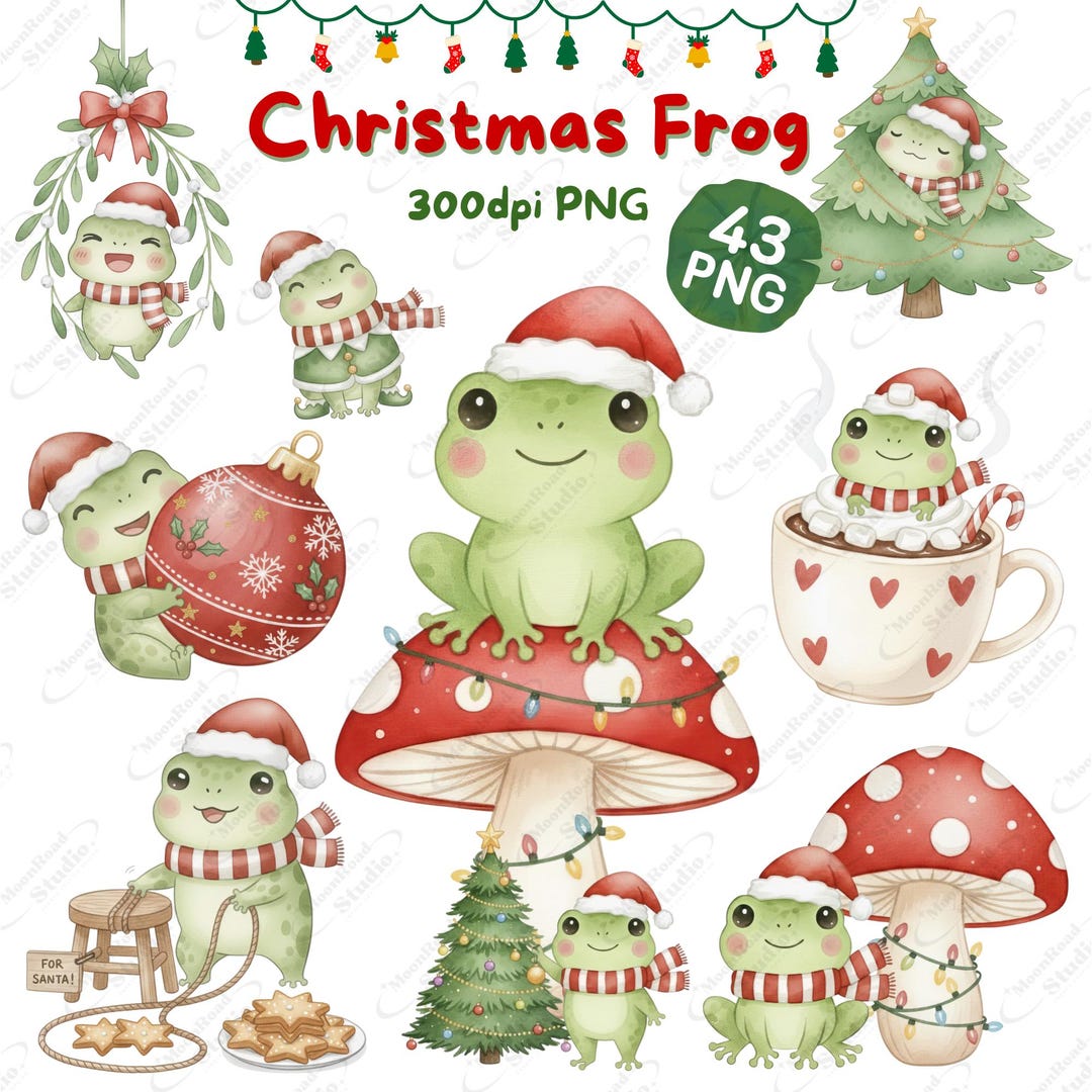 Kawaii Christmas Frog Clipart - Adorable Holiday Toad on Mushroom PNG ...