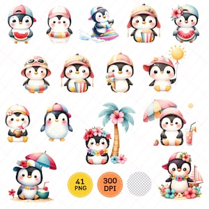 Summer Penguin Clipart, Cute Tropical Penguin Illustrations for ...