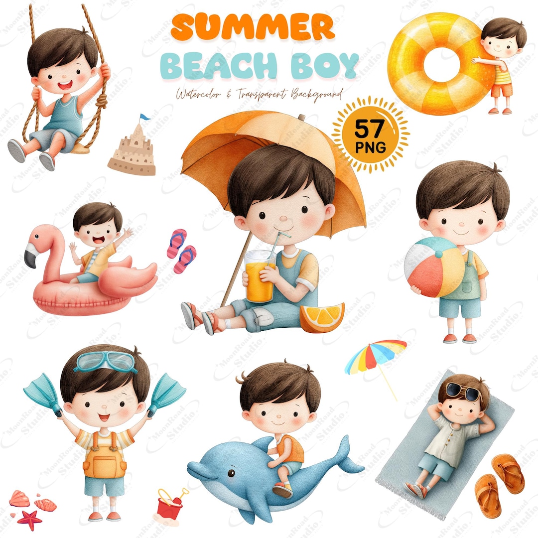Summer Beach Boy Clipart: Tropical Vacation Illustrations (PNG, Digital ...