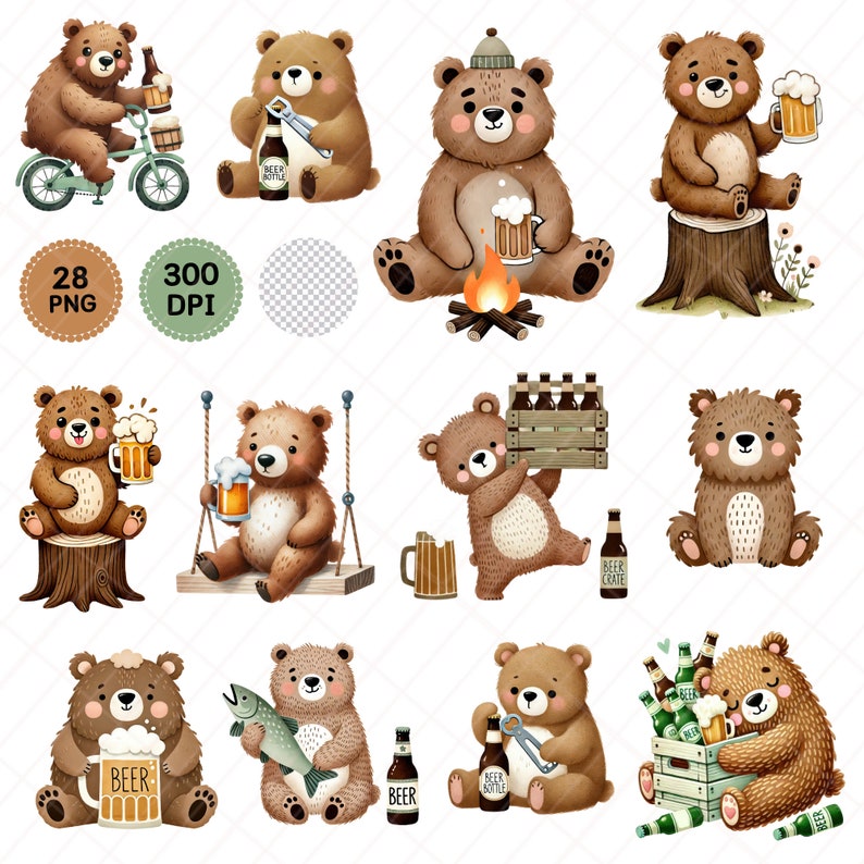 Cute Beer Loving Bear Clipart Bundle, Grizzly Bear Drinking Beer, BBQ ...