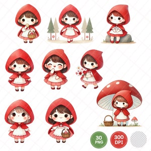 Little Red Riding Hood Clipart: Kawaii Woodland PNG Graphics (300DPI ...