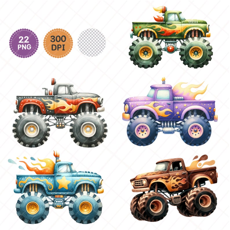Monster Truck Clipart: Flame Roaring Wheels (digital Print) - Etsy