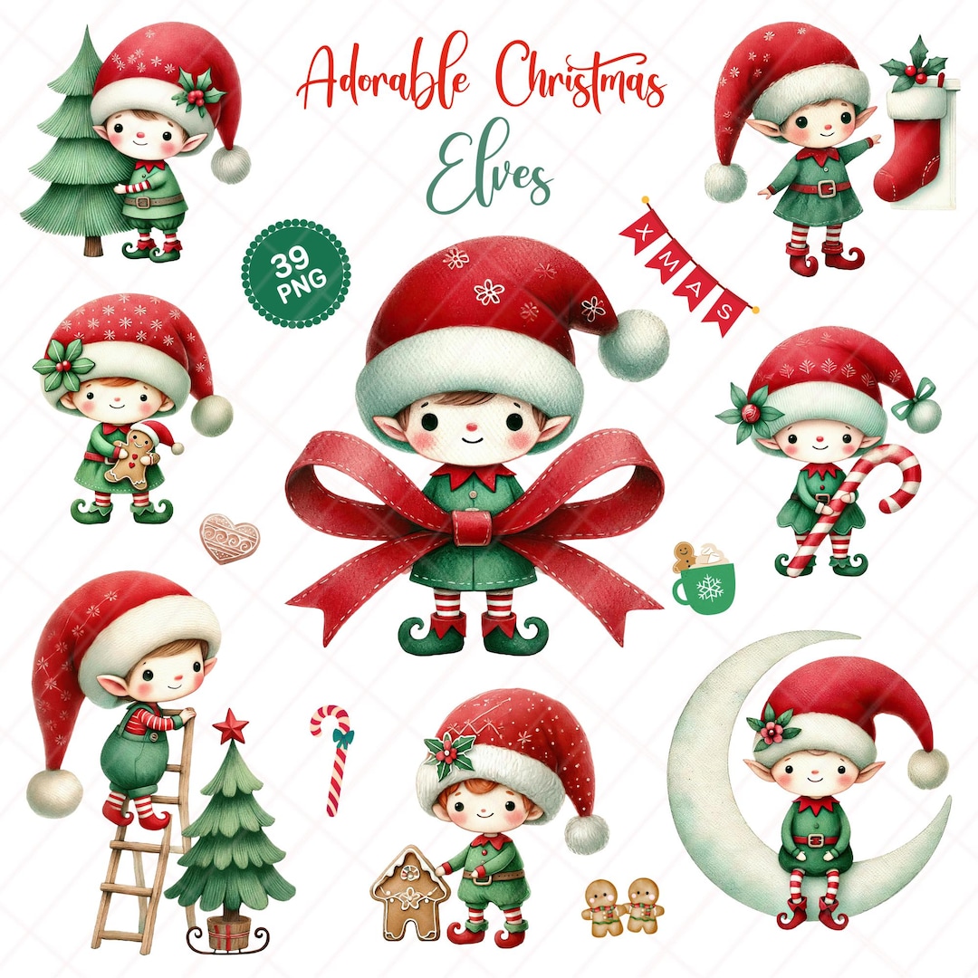 Adorable Christmas Elves Clipart, Cute Elves Holiday Illustrations ...