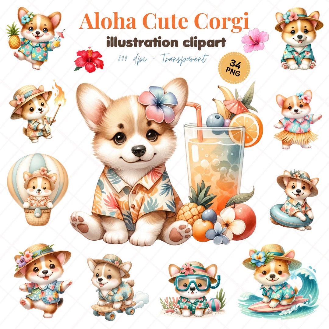 Aloha Corgi Dog Clipart, Hawaiian Figurine Hand-painted Collectible ...