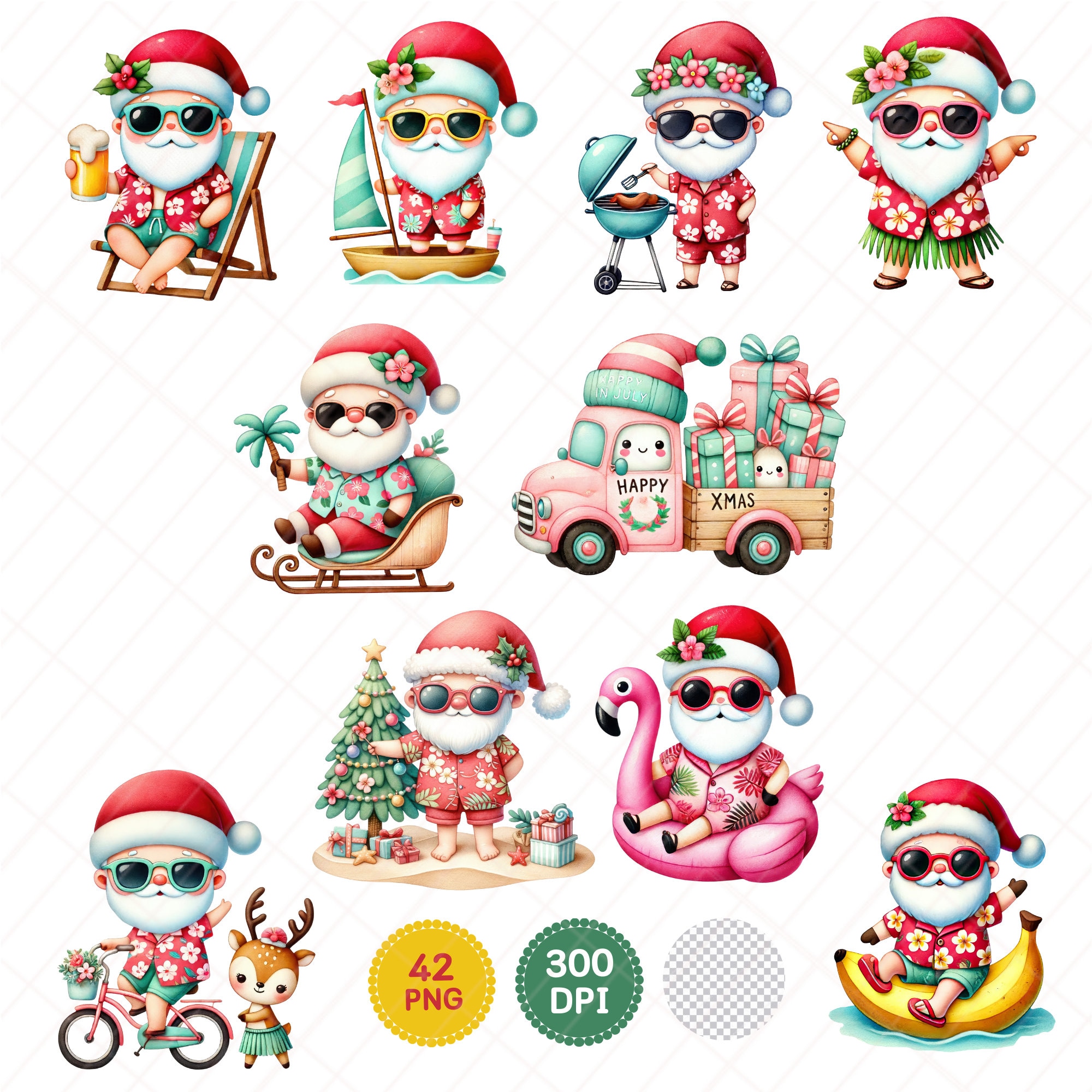 Summer Santa Clipart, Tropical Christmas Santa PNG, Beach Santa Digital ...