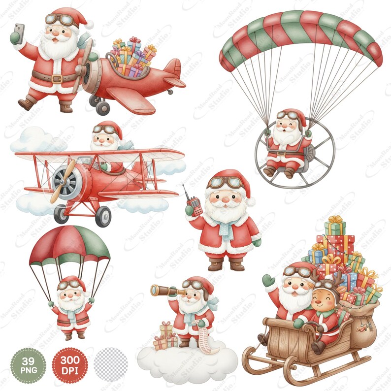 Watercolor Santa Pilot Clipart PNG Bundle, Aviation Christmas Graphics ...