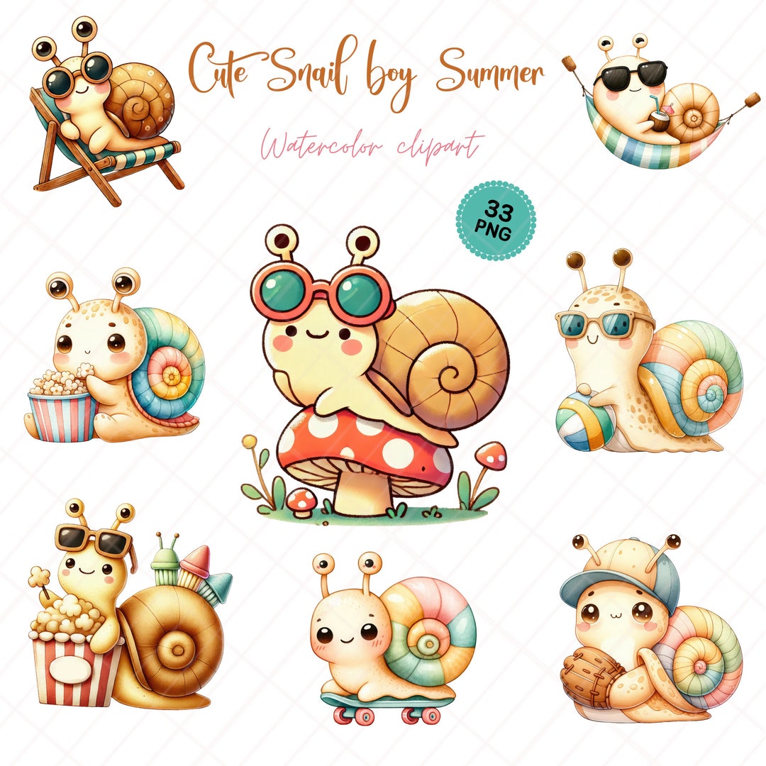 Cute Snails Boy in Summer Activities, Adorable Snail Clipart Set - Fun ...