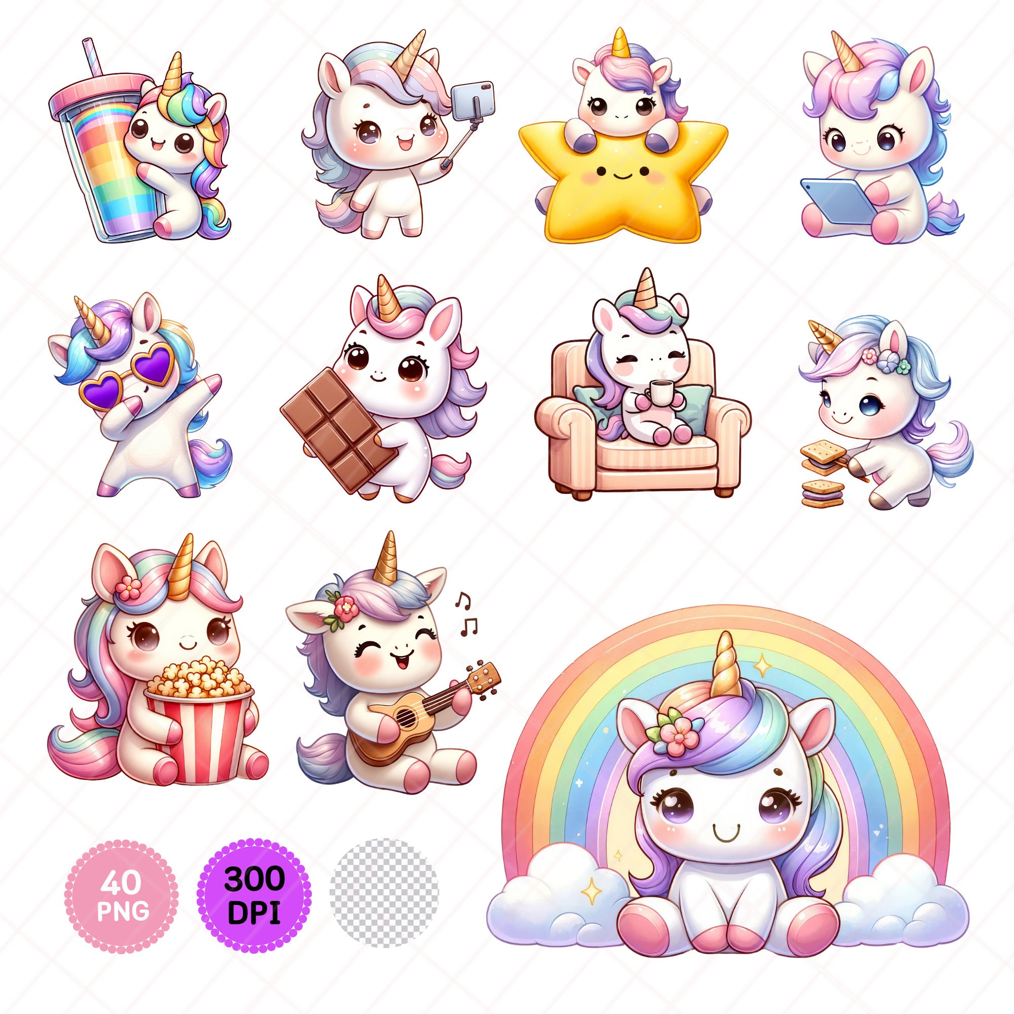 Adorable Unicorn Clipart Set, Cute Kawaii Unicorn Graphics for ...
