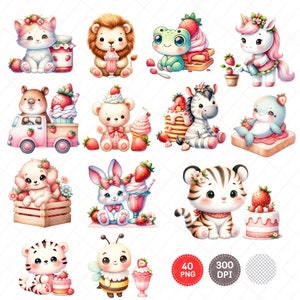 Adorable Animal & Strawberry Digital Clipart, Cute Planner Clipart ...