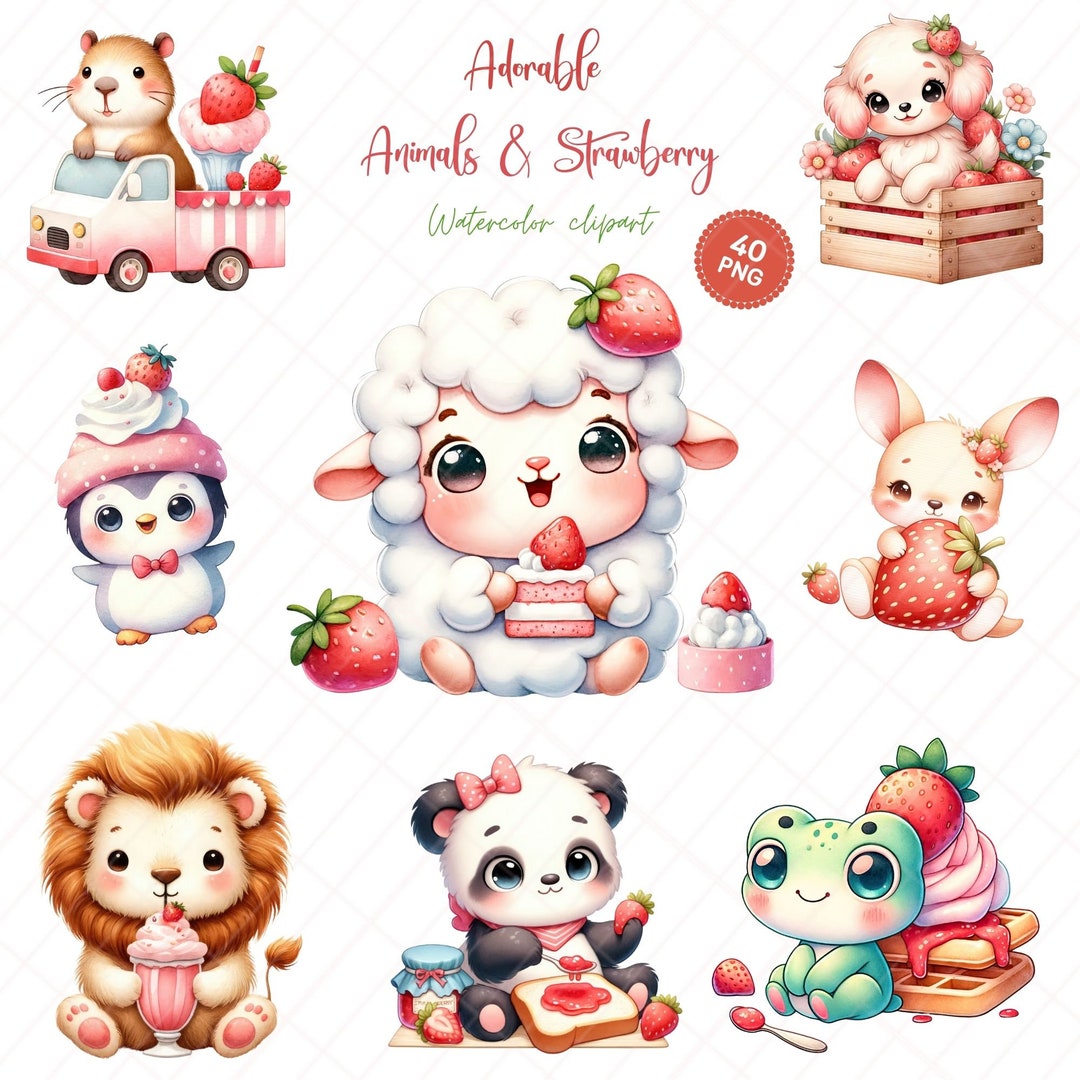 Adorable Animal & Strawberry Digital Clipart, Cute Planner Clipart ...