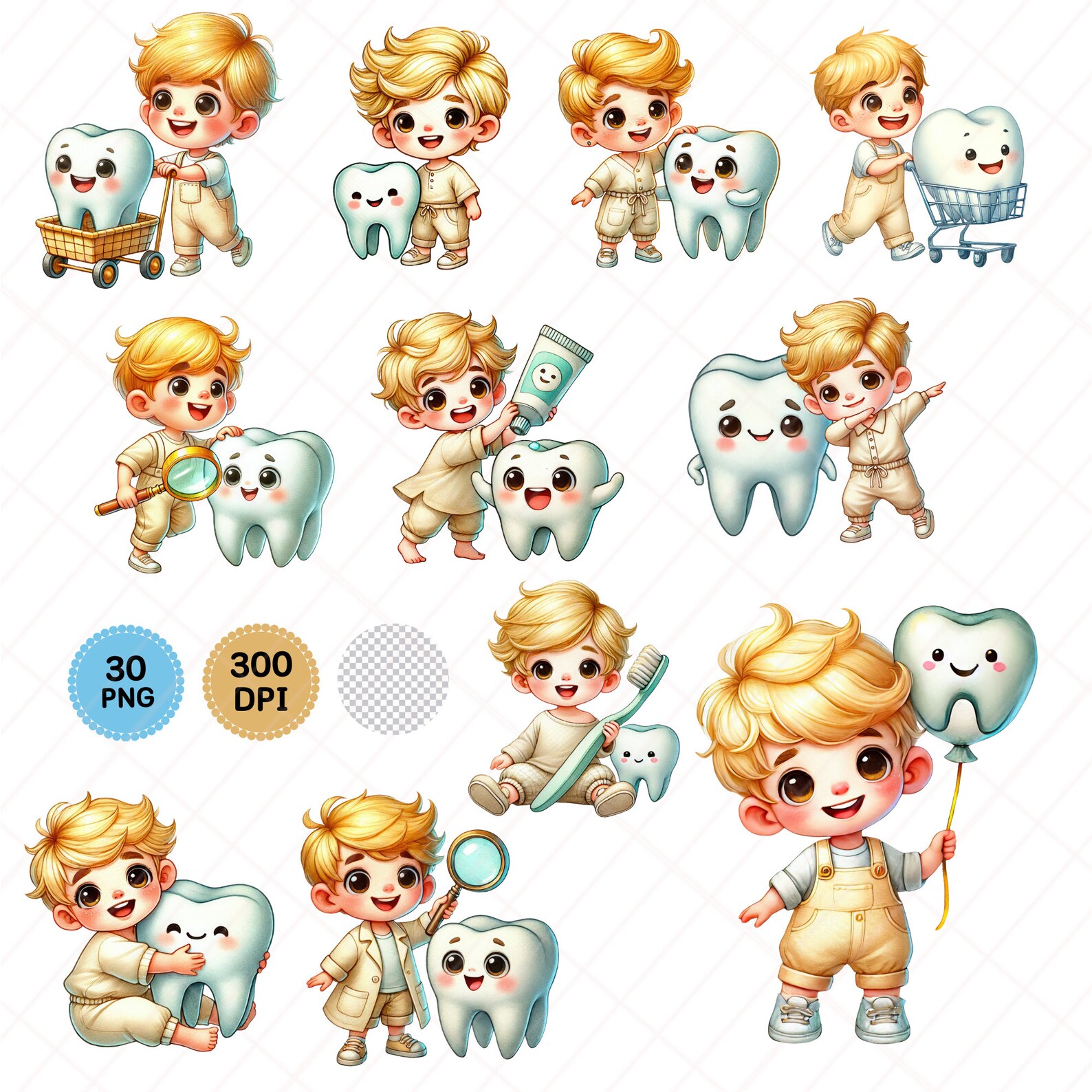 Adorable Kids Dental Care Stickers Set - Cute Boy With Tooth ...
