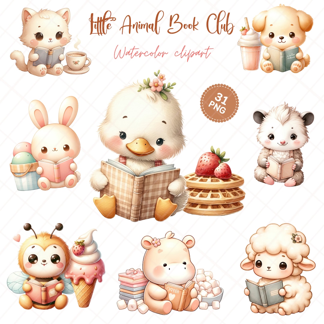 Animals Reading Clipart Book Club Watercolor Kawaii PNG Library ...