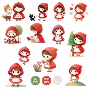 Little Red Riding Hood Clipart: Kawaii Woodland PNG Graphics (300DPI ...
