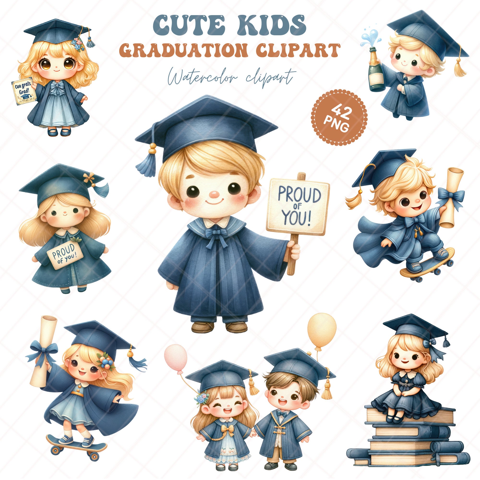 Cute graduation clipart set, Kids celebration, PNG Graphics for ...
