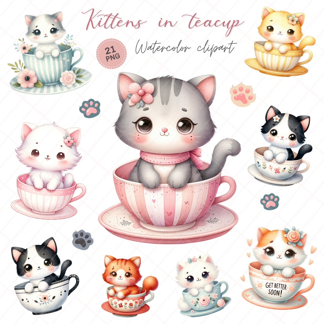 Kitten in Teacup Set Clipart PNG, Adorable Cat Illustration, Cute ...