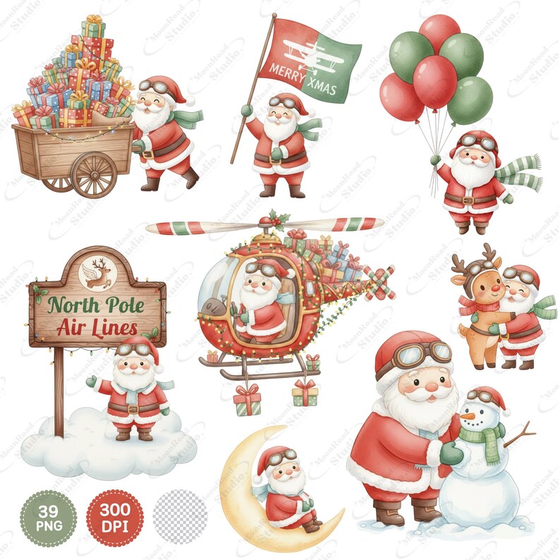 Watercolor Santa Pilot Clipart PNG Bundle, Aviation Christmas Graphics ...