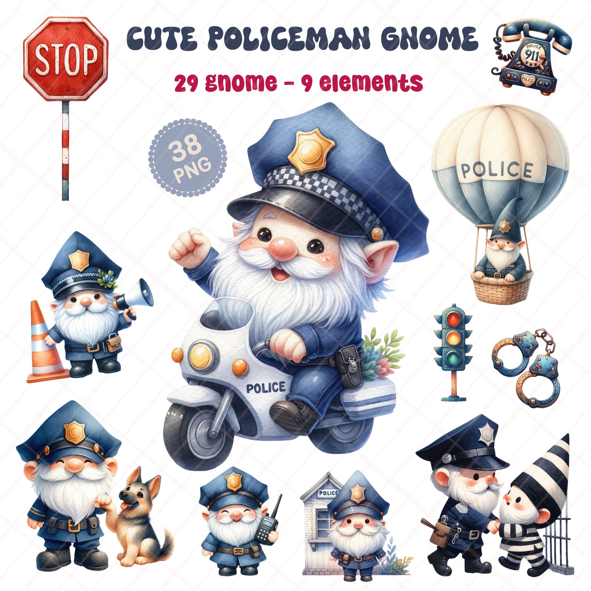 Cute Police Officer Gnome Clipart, Law Enforcement Decor, Blue ...