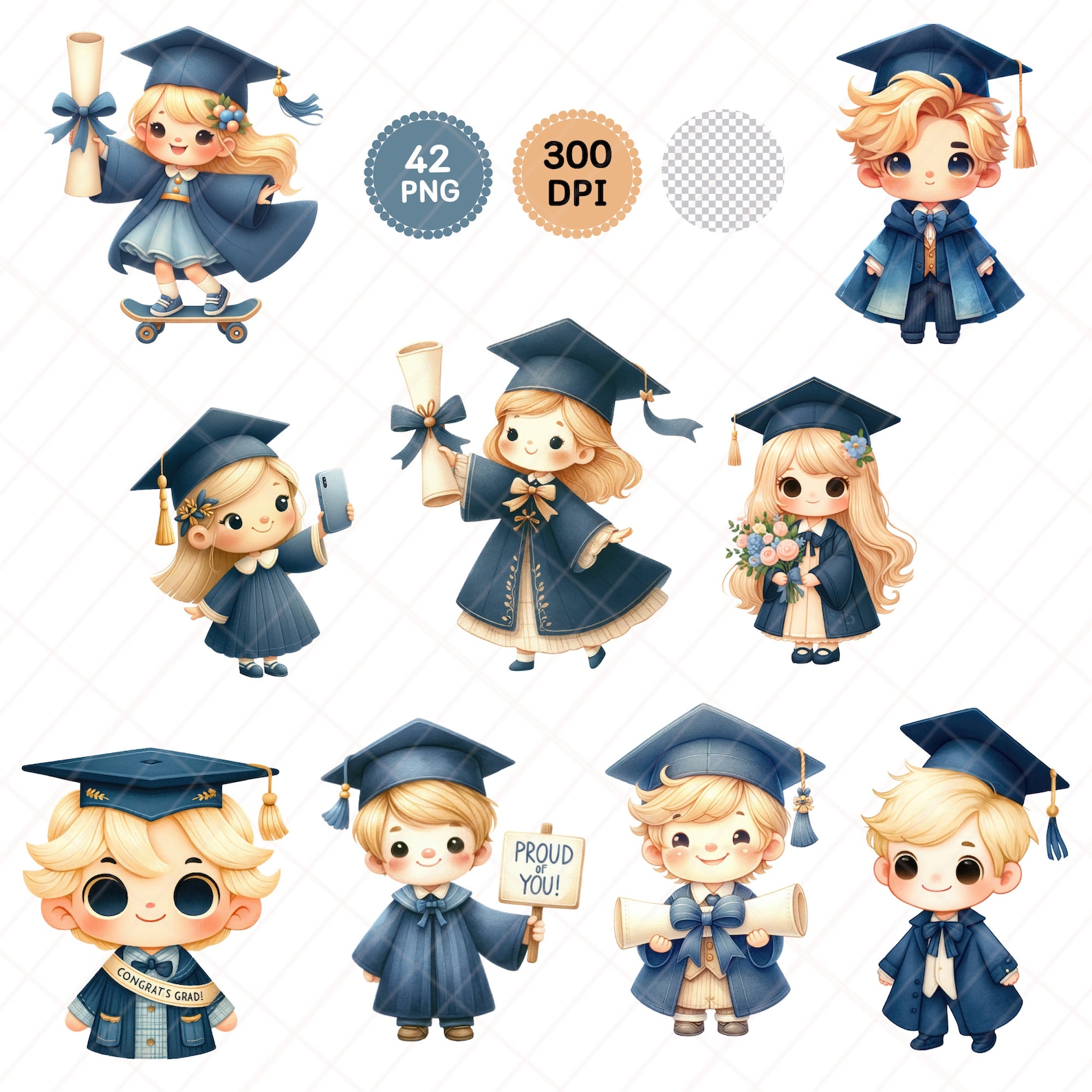 Cute graduation clipart set, Kids celebration, PNG Graphics for ...