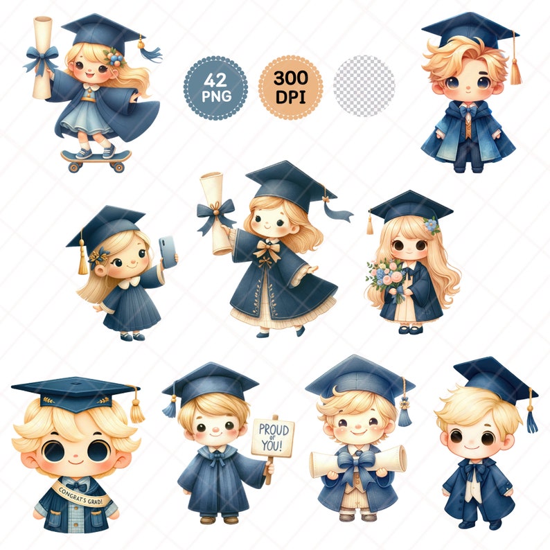 Graduation Kids Clipart School Achievement Watercolor Kawaii PNG ...